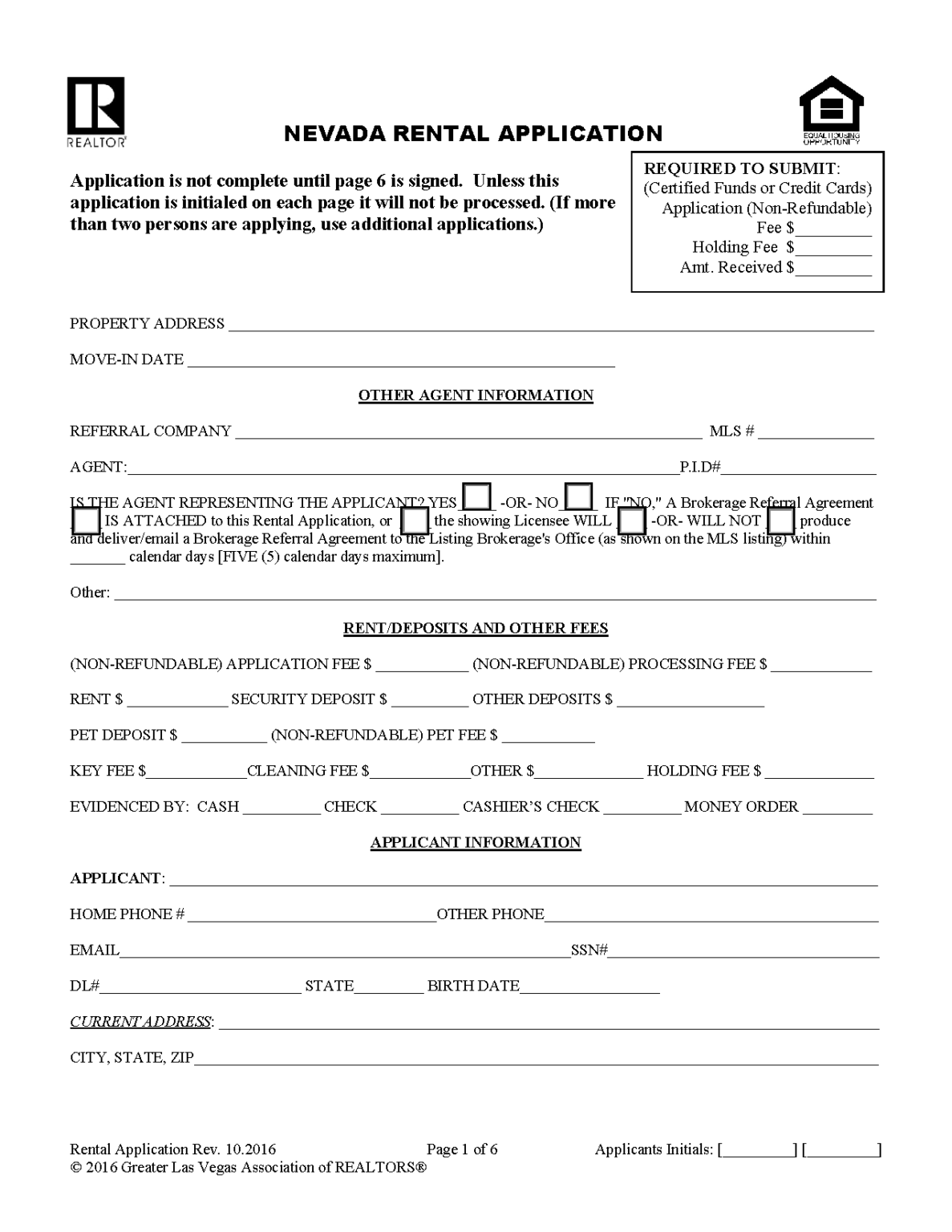 Free Nevada Residential Rental Application Form - PDF | Word