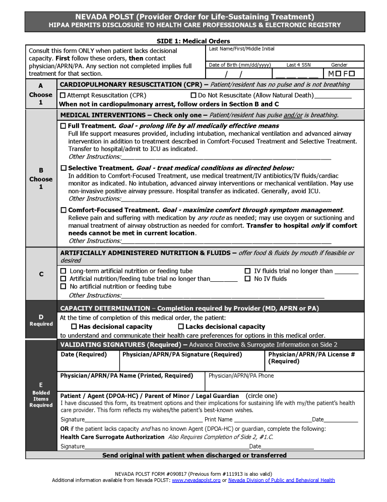 Free Nevada Do Not Resuscitate (DNR) Form | PDF