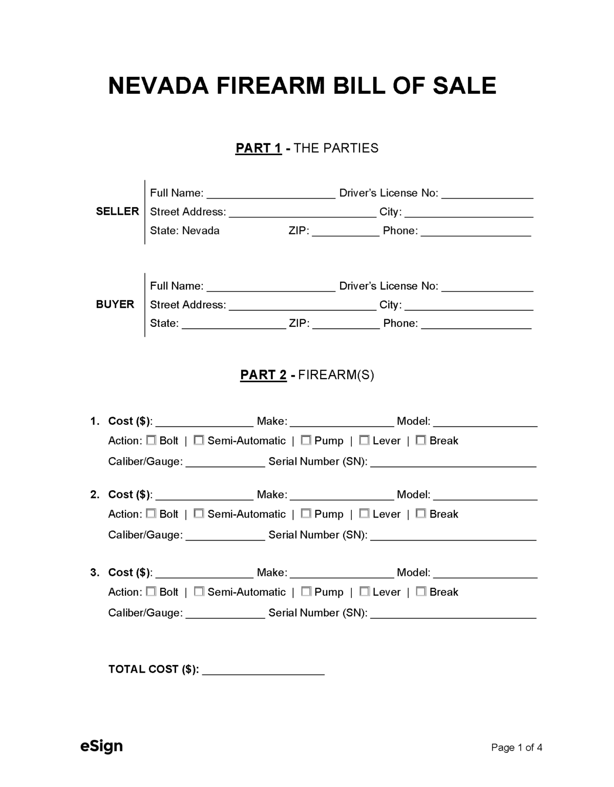 Free Nevada Firearm Bill of Sale Form | PDF | Word