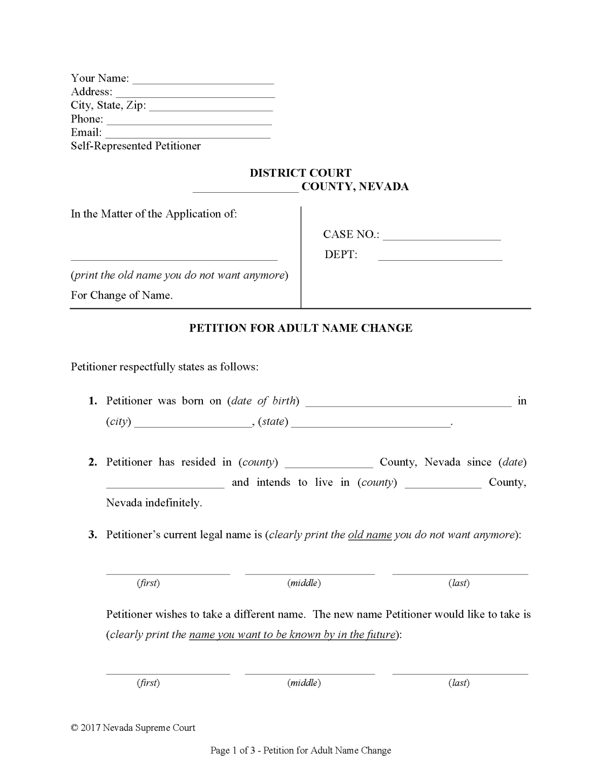 Free Nevada Petition for Adult Name Change | PDF