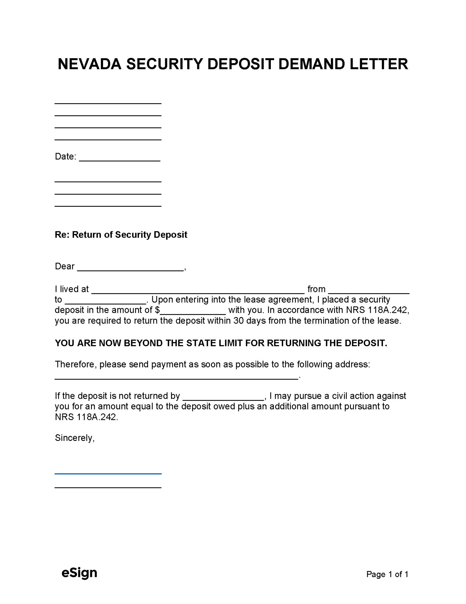 Free Nevada Security Deposit Demand Letter Template | PDF | Word