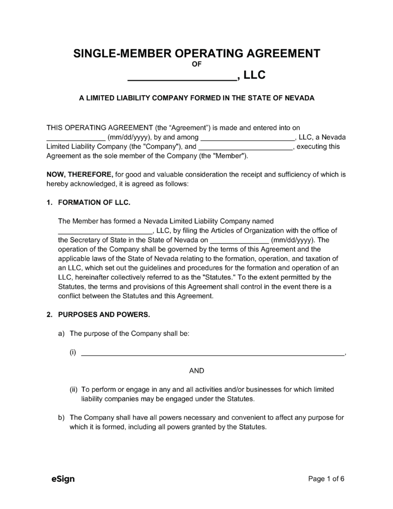 Free Nevada LLC Operating Agreement Template | PDF | Word