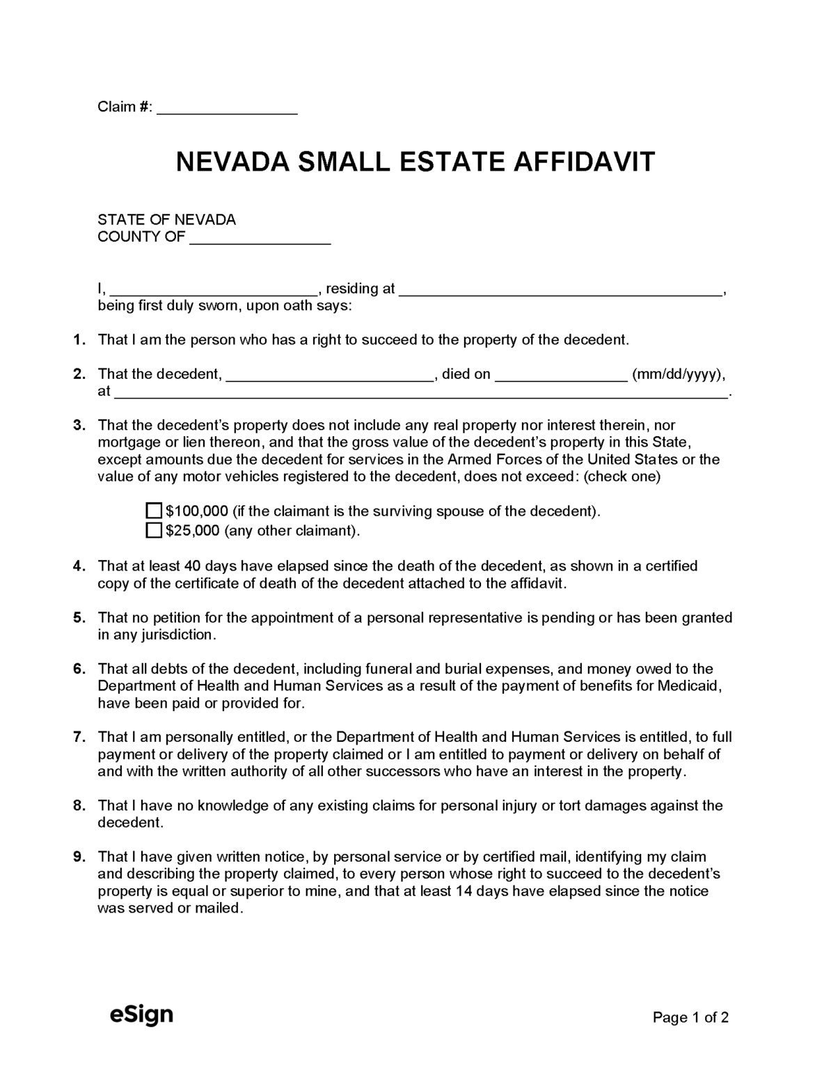 Free Nevada Small Estate Affidavit Form | PDF | Word