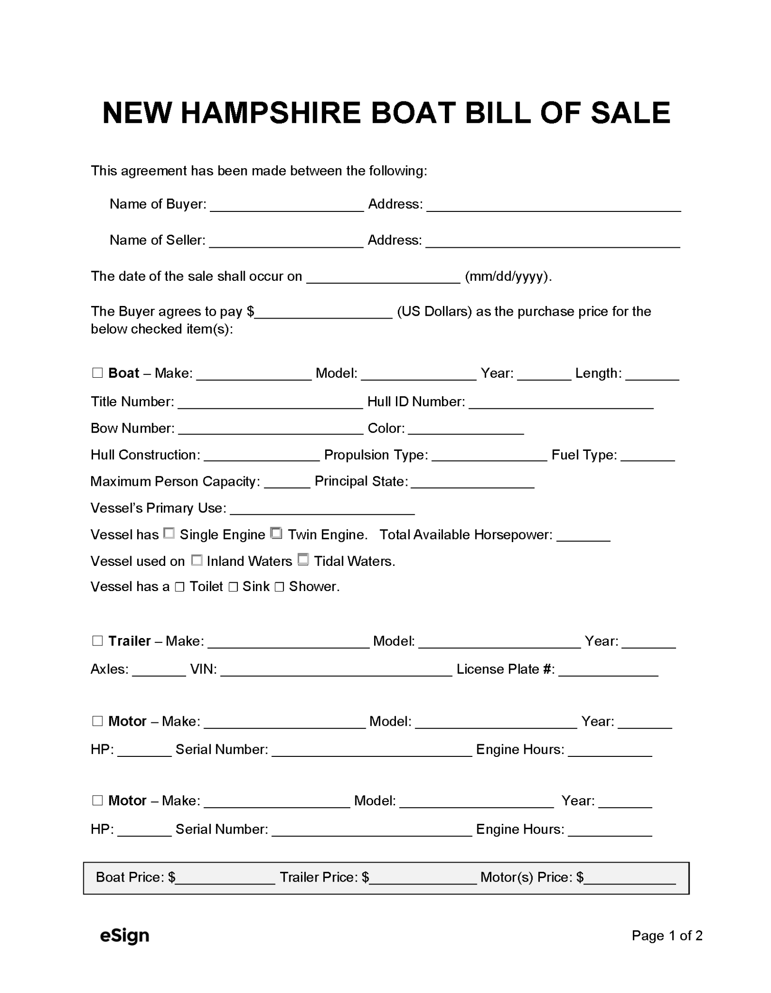 Free New Hampshire Bill Of Sale Forms PDF