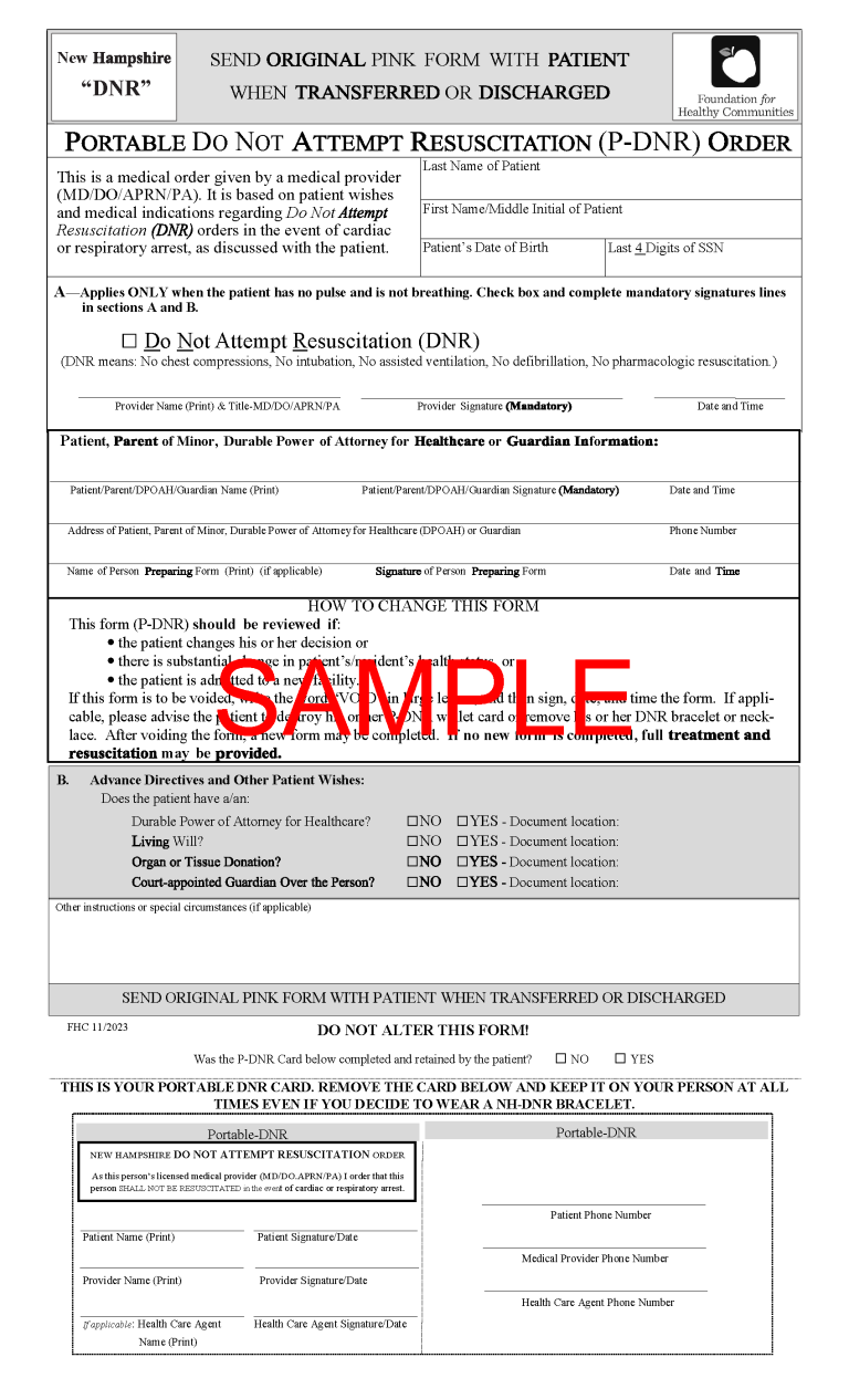 Free New Hampshire Do Not Resuscitate (DNR) Form | PDF