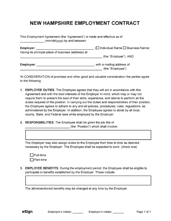 Free New Hampshire Employment Contract Templates | PDF | Word