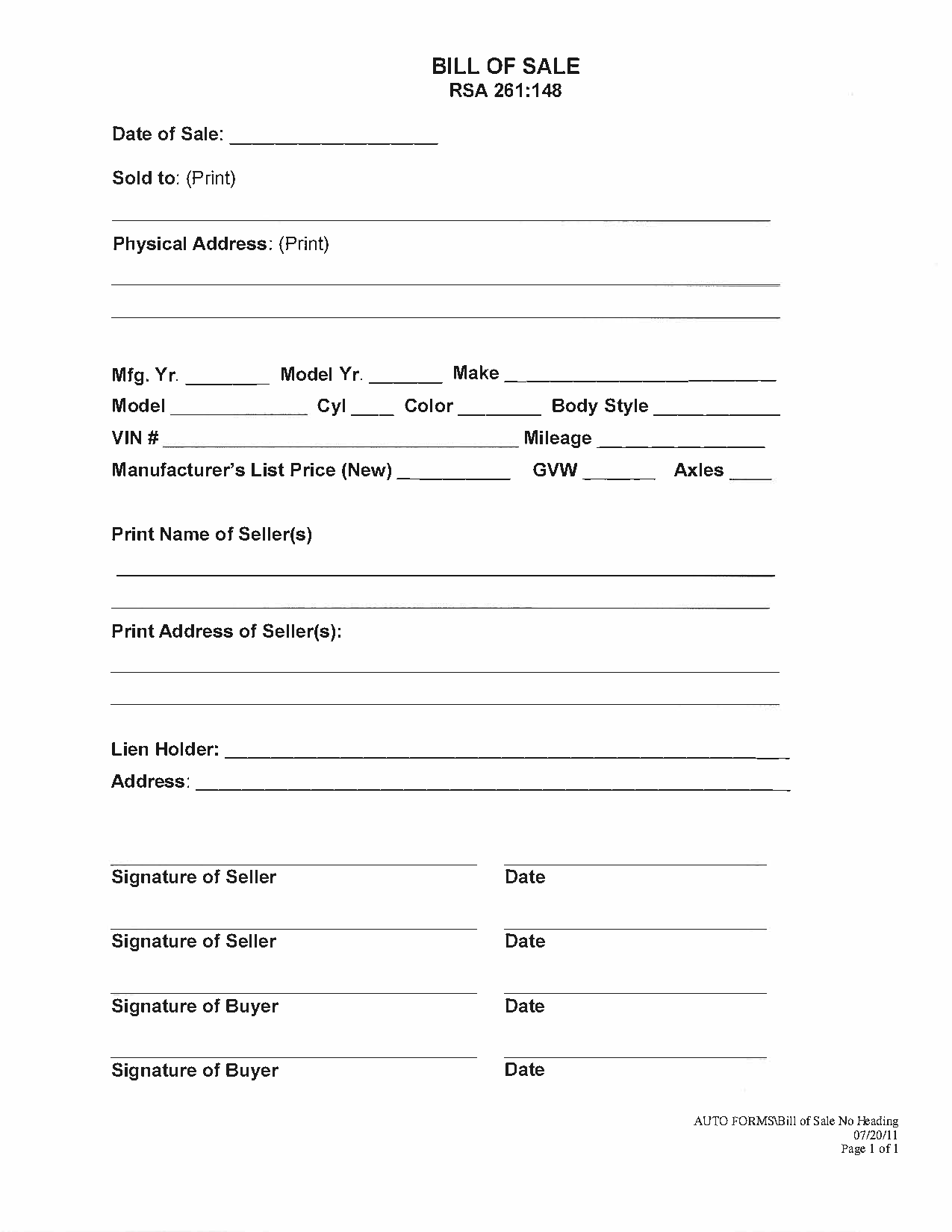 Free Motor Vehicle Dmv Bill Of Sale Form Word Pdf Eforms Standard 