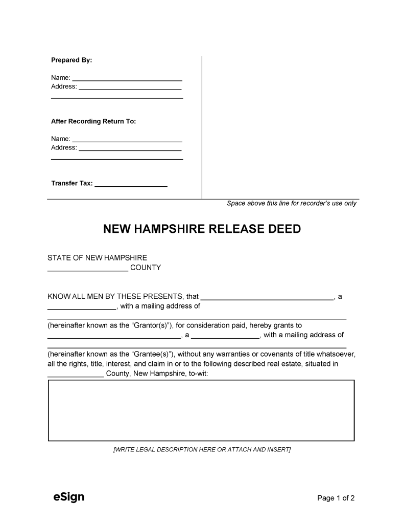Free New Hampshire Release Deed Form | PDF | Word