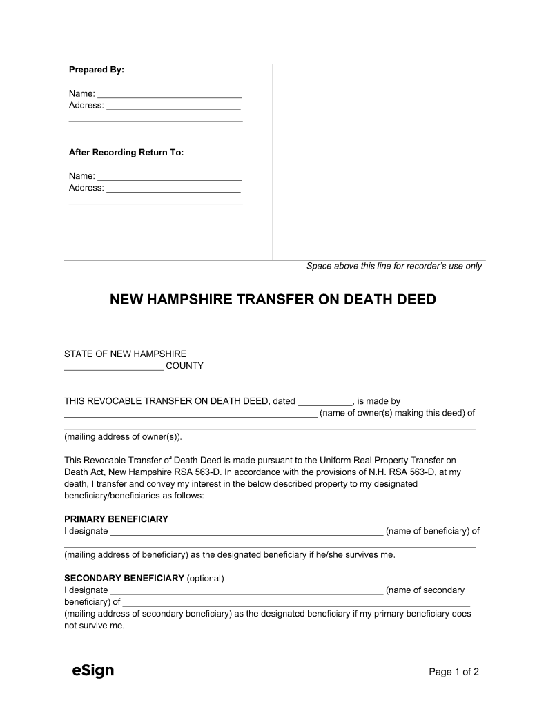 Free New Hampshire Transfer on Death Deed | PDF | Word