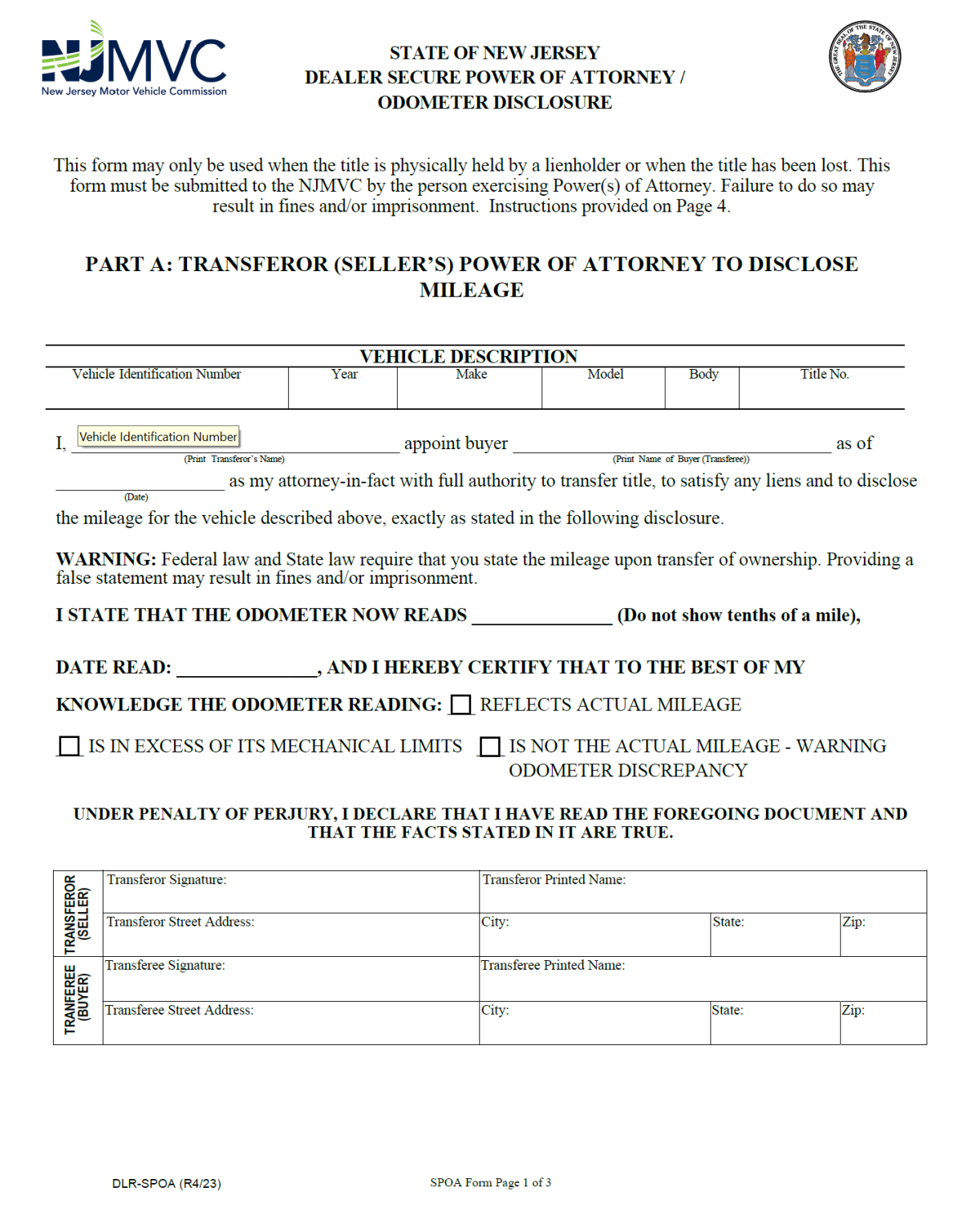 Free New Jersey Motor Vehicle (MVC) Power of Attorney | PDF | Word