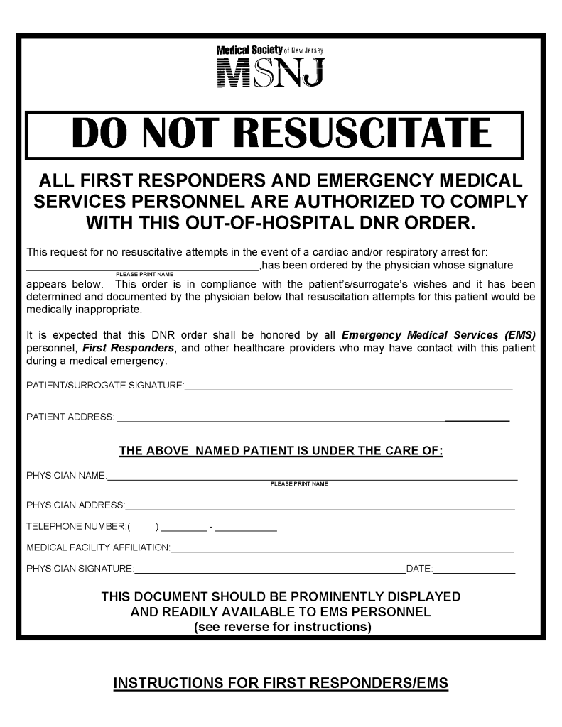 Free New Jersey Do Not Resuscitate (DNR) Form | PDF