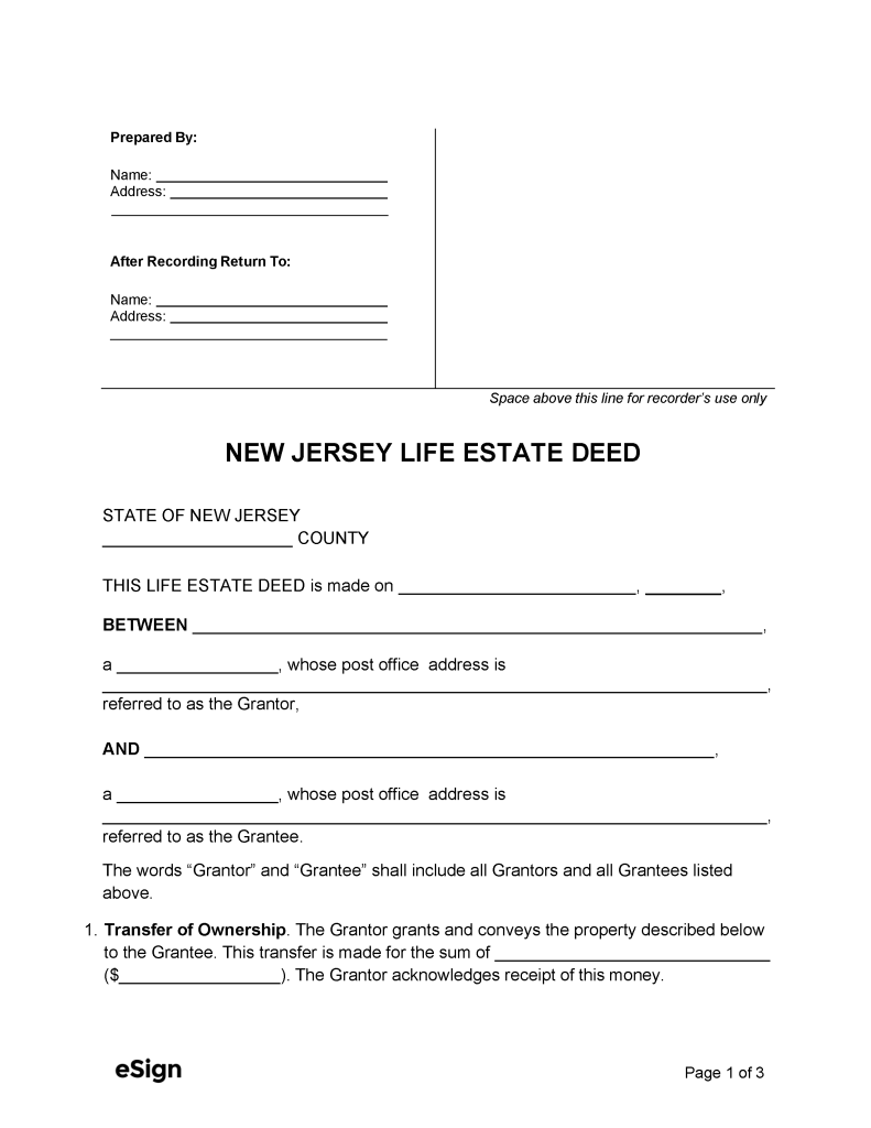 Free New Jersey Life Estate Deed Form | PDF | Word