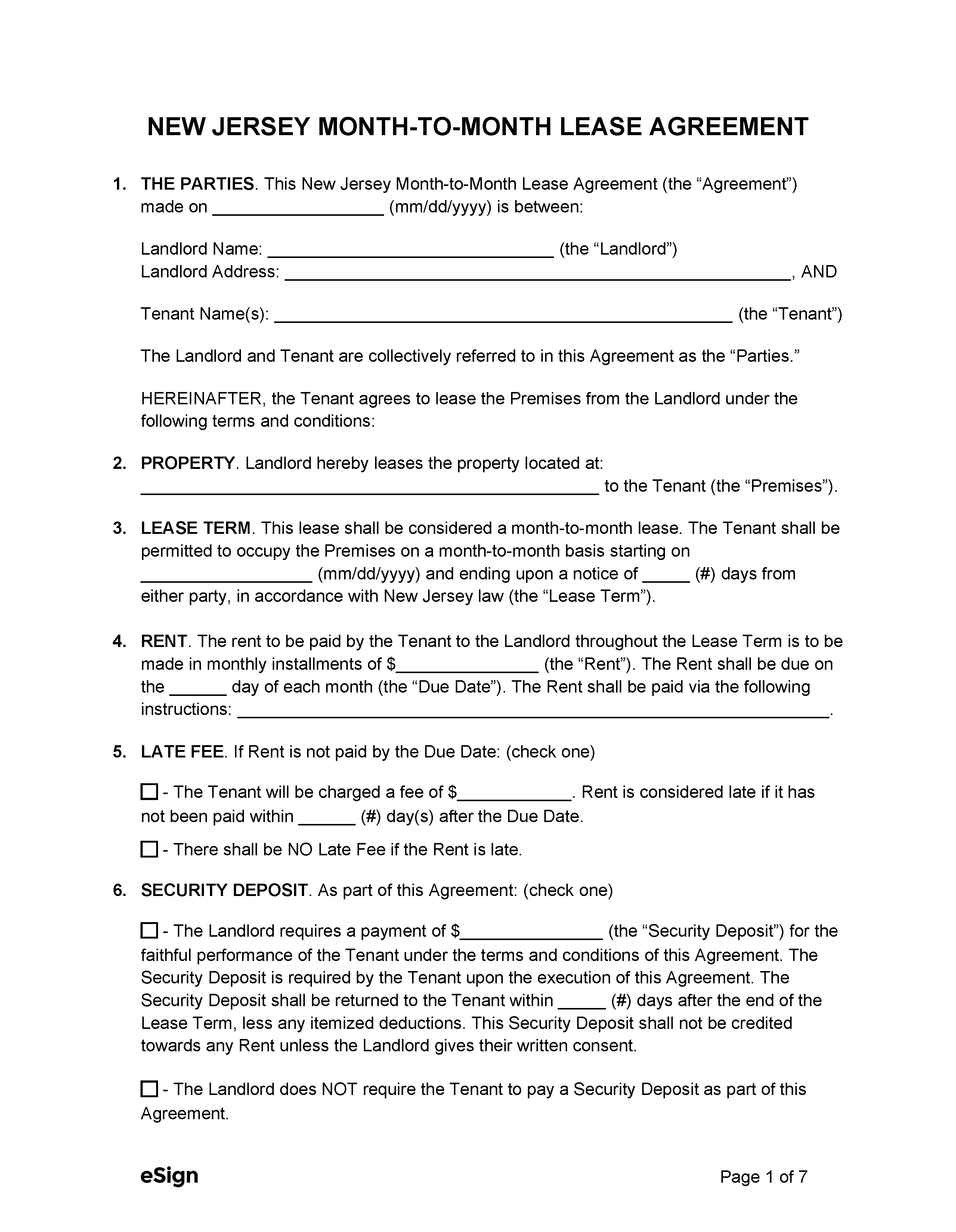 Free New Jersey Month to Month Lease Agreement Template PDF Word
