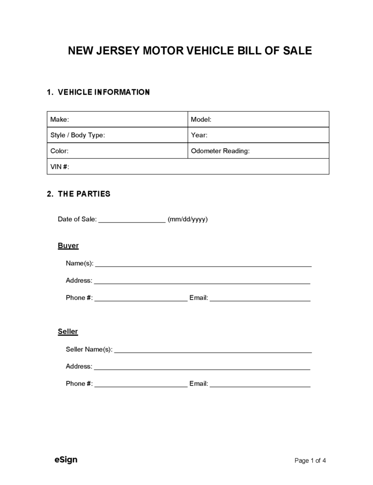 Free New Jersey Motor Vehicle Bill of Sale Form | PDF | Word