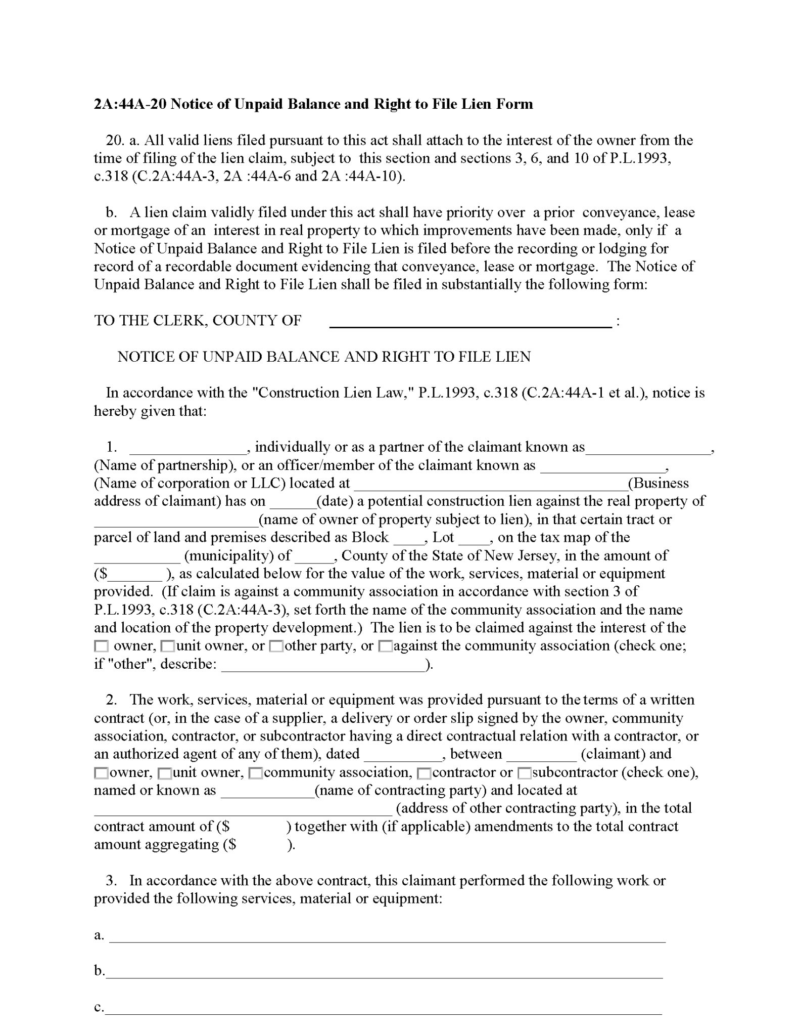 Free New Jersey Mechanic's Lien Form | PDF