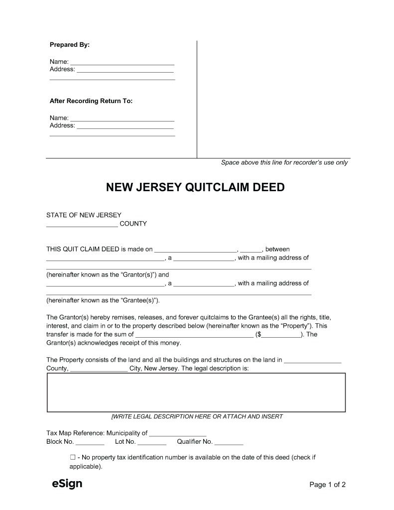 Free New Jersey Quitclaim Deed Form | PDF | Word