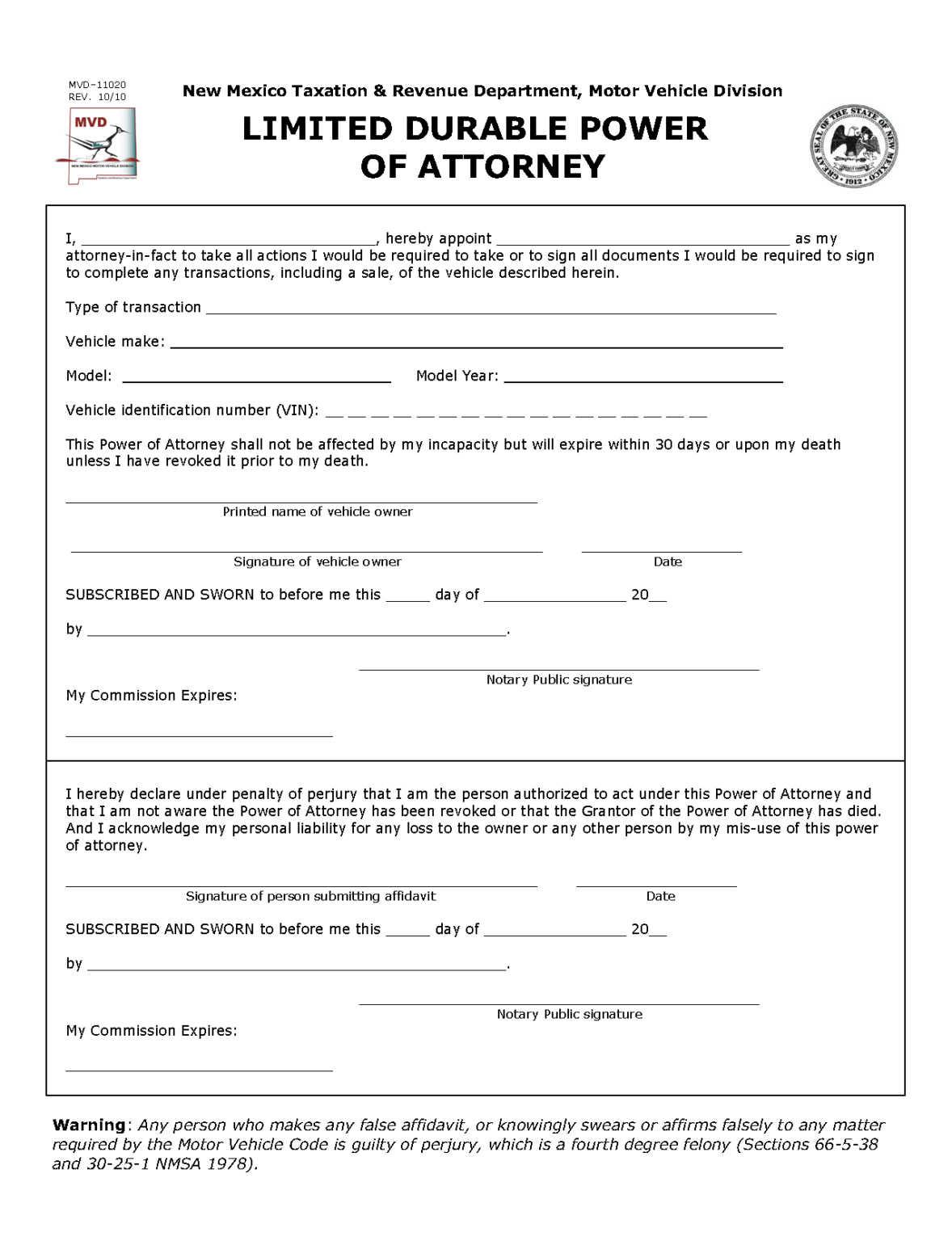 Free New Mexico Motor Vehicle Power of Attorney (Form MVD-11020) | PDF