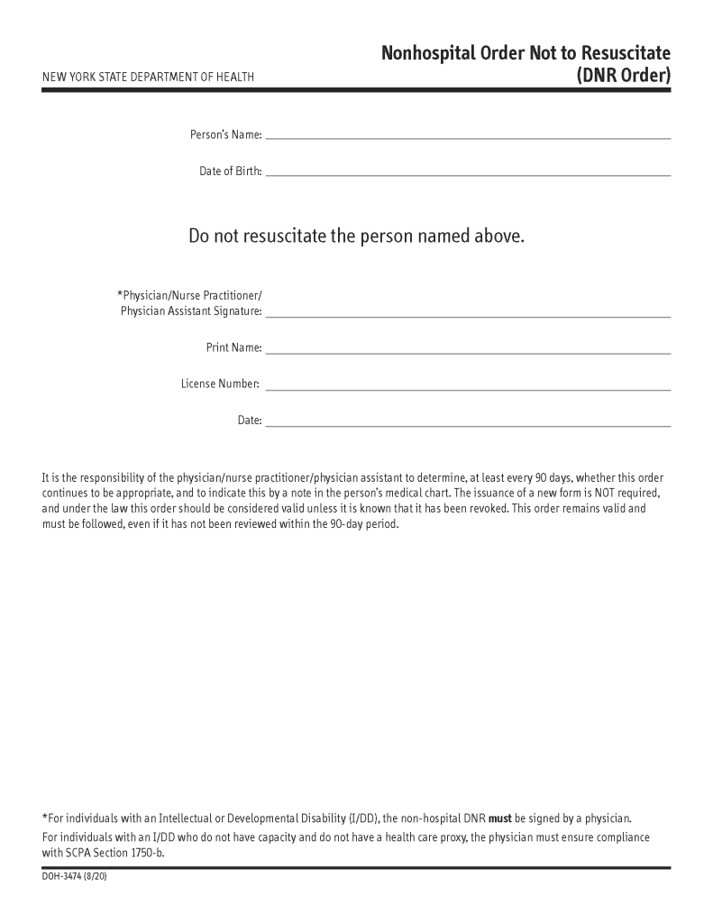 Free New York Do Not Resuscitate (DNR) Form | PDF