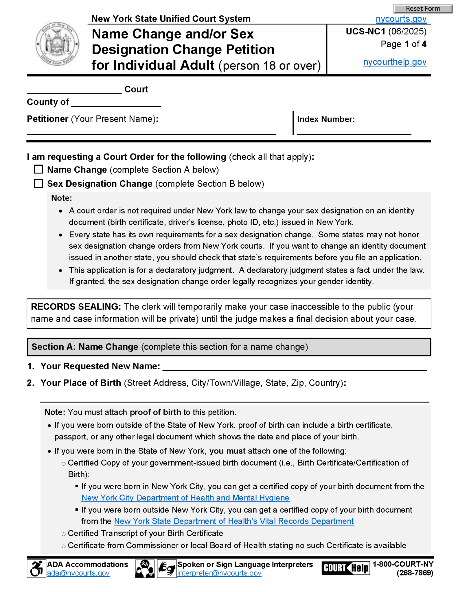 Free New York Name Change Petition for Individual Adult | PDF
