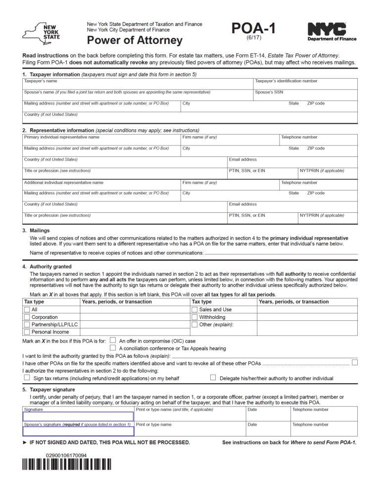 Free New York Tax Power of Attorney (Form POA-1) | PDF