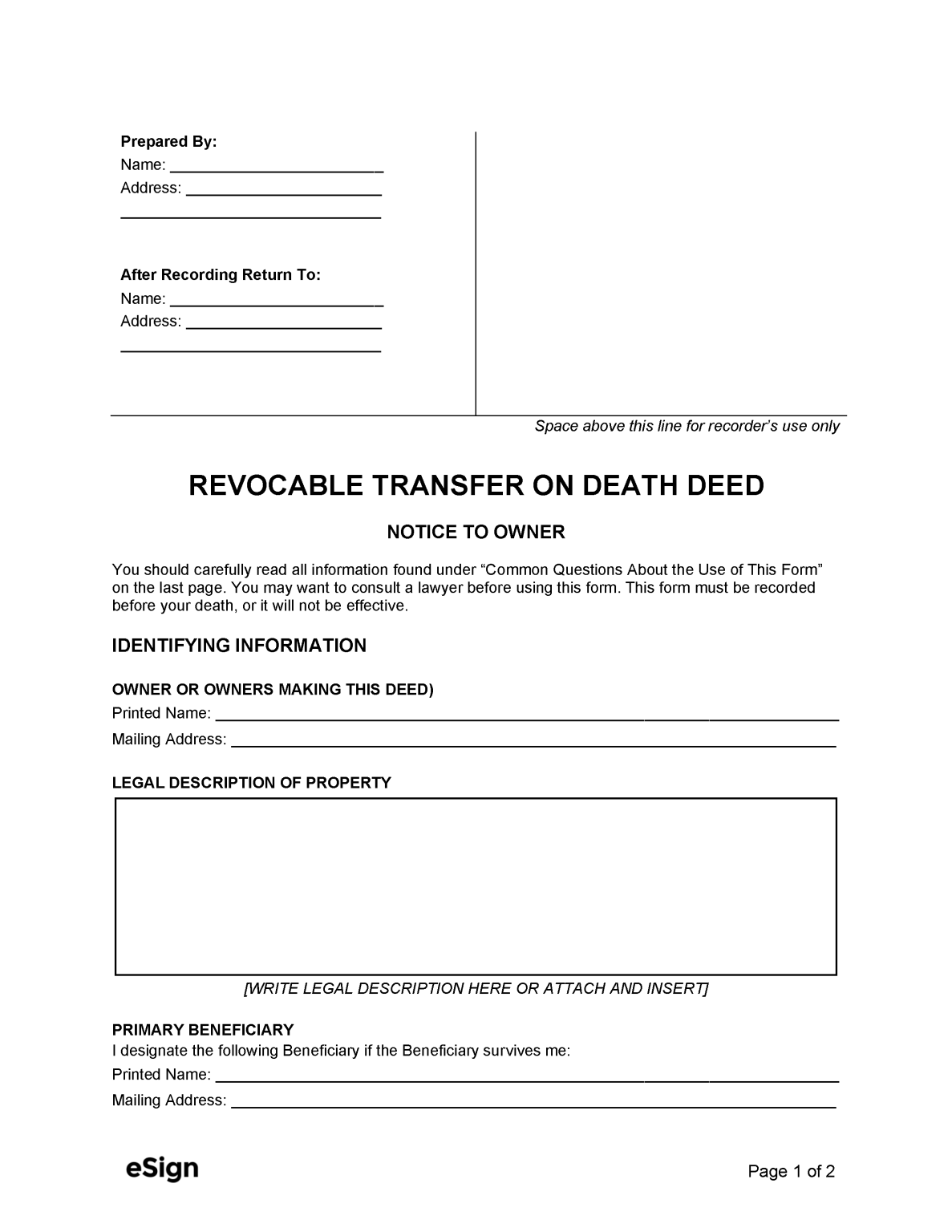 Free New York Transfer on Death Deed Form | PDF | Word