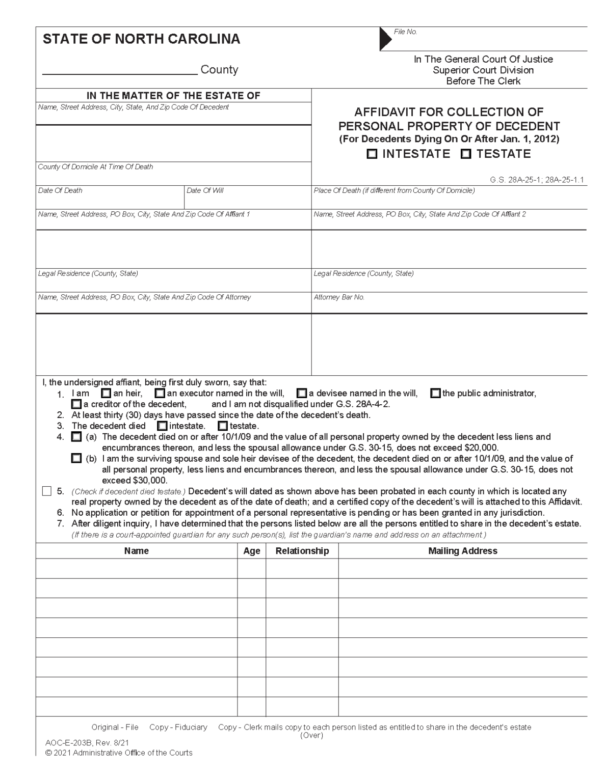 Free North Carolina Small Estate Affidavit Form | PDF