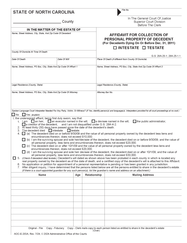 Free North Carolina Small Estate Affidavit Form | PDF