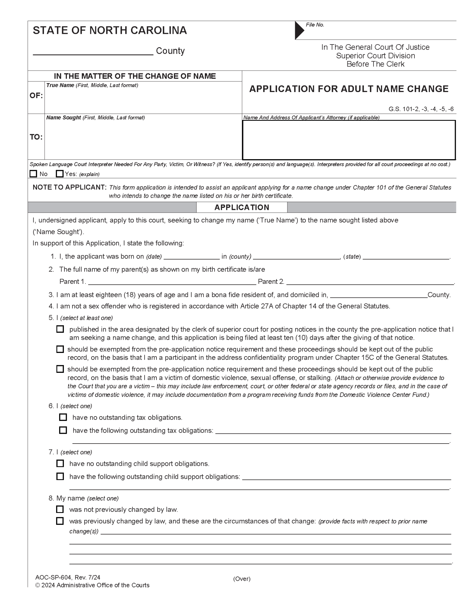 Free North Carolina Application for Adult Name Change | PDF