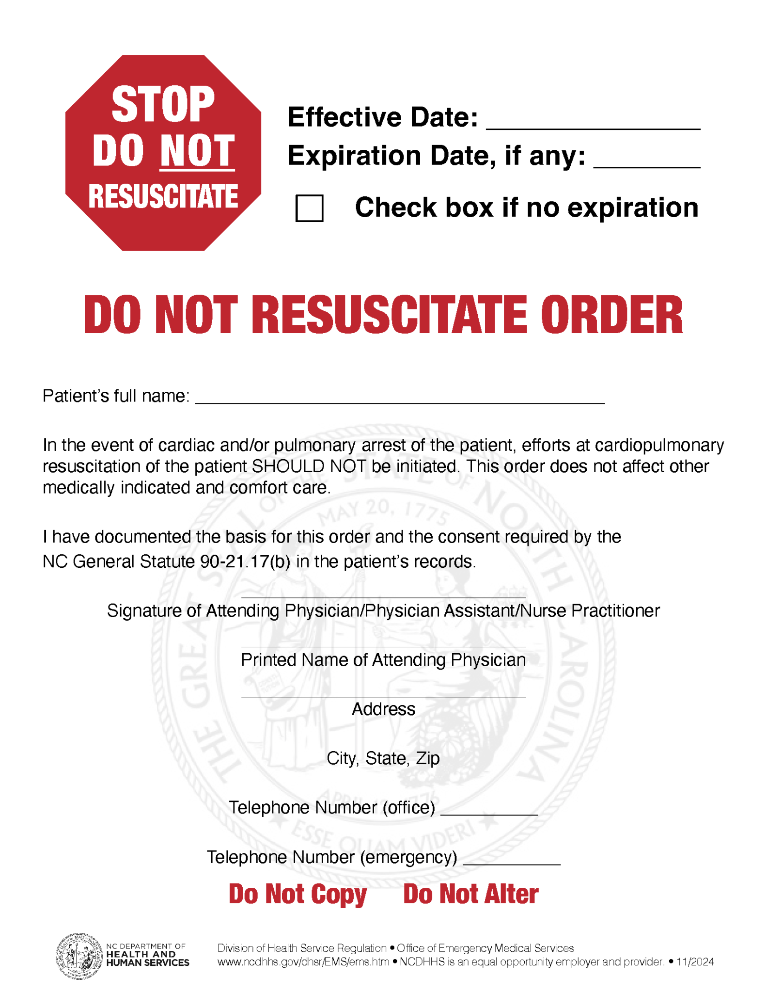 Free North Carolina Do Not Resuscitate (DNR) Form | PDF