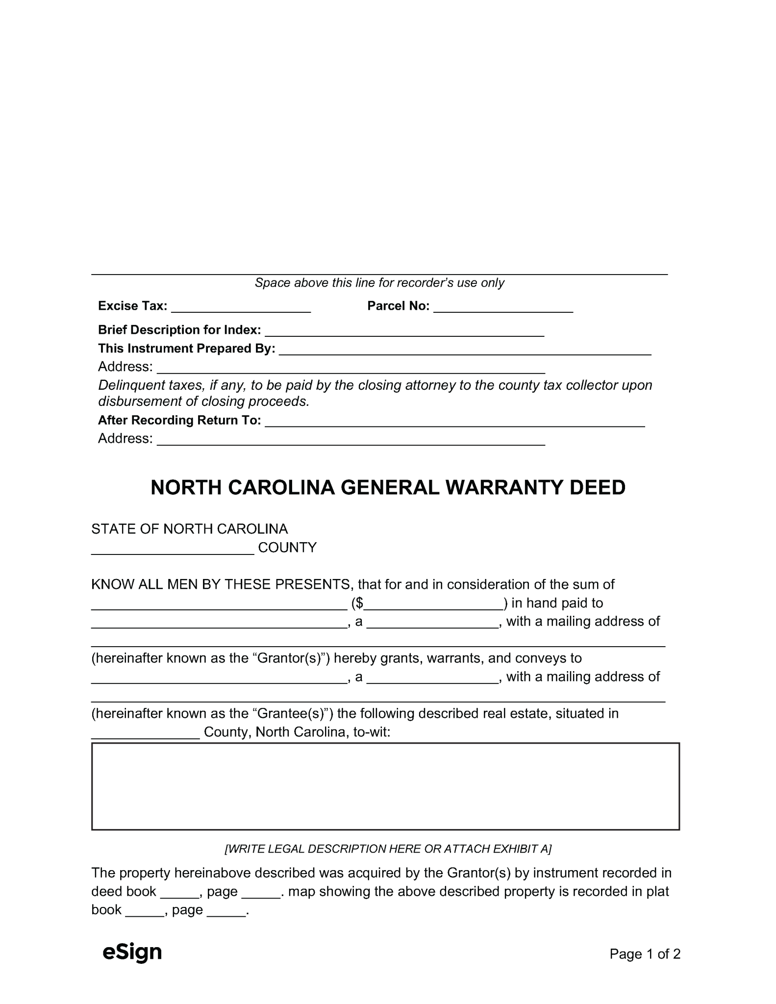 Free North Carolina General Warranty Deed Form | PDF | Word