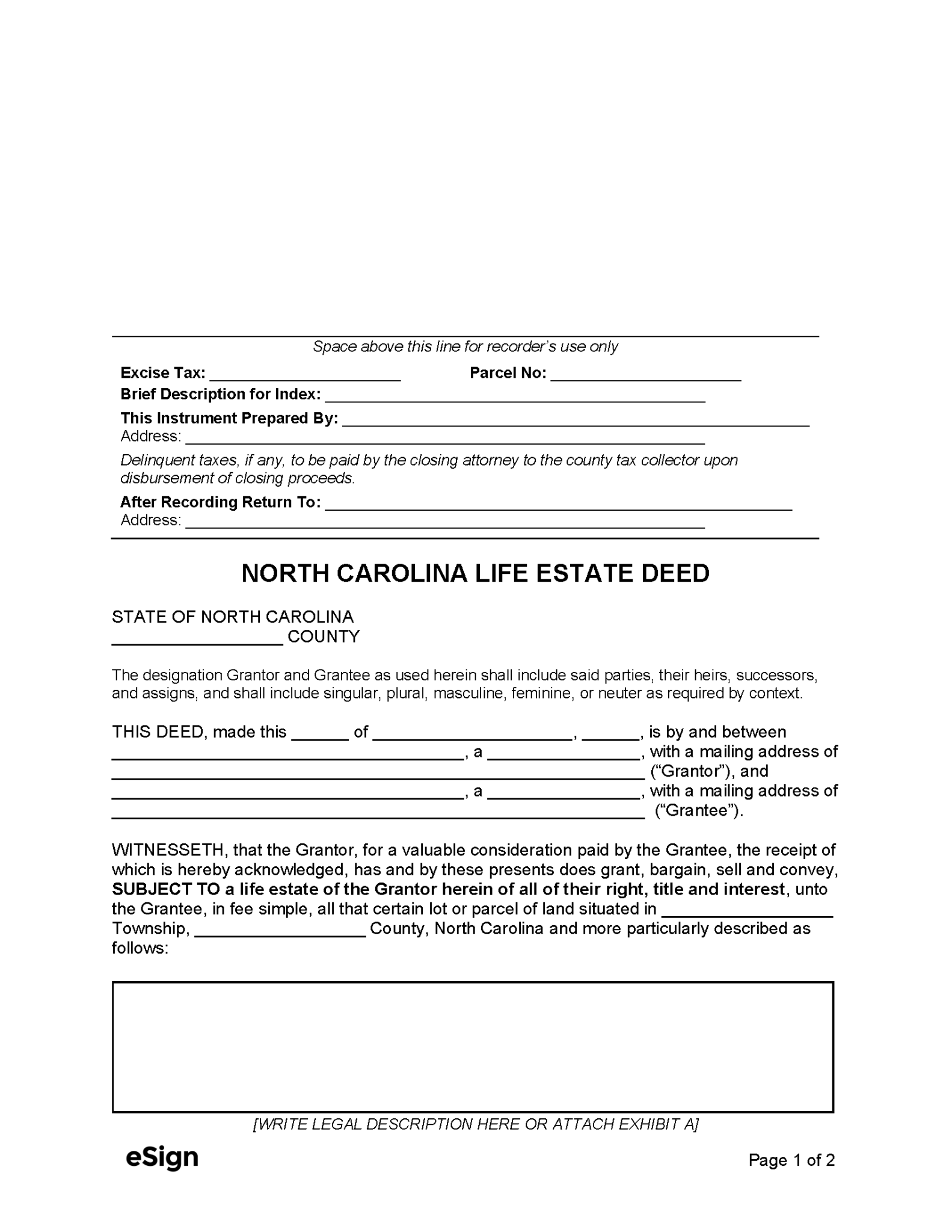 Free North Carolina Life Estate Deed Form | PDF | Word