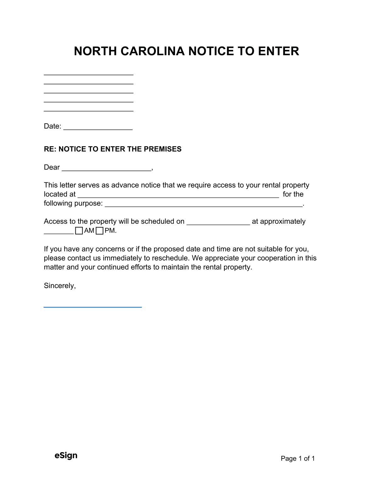 Free North Carolina Landlord Notice to Enter | PDF | Word
