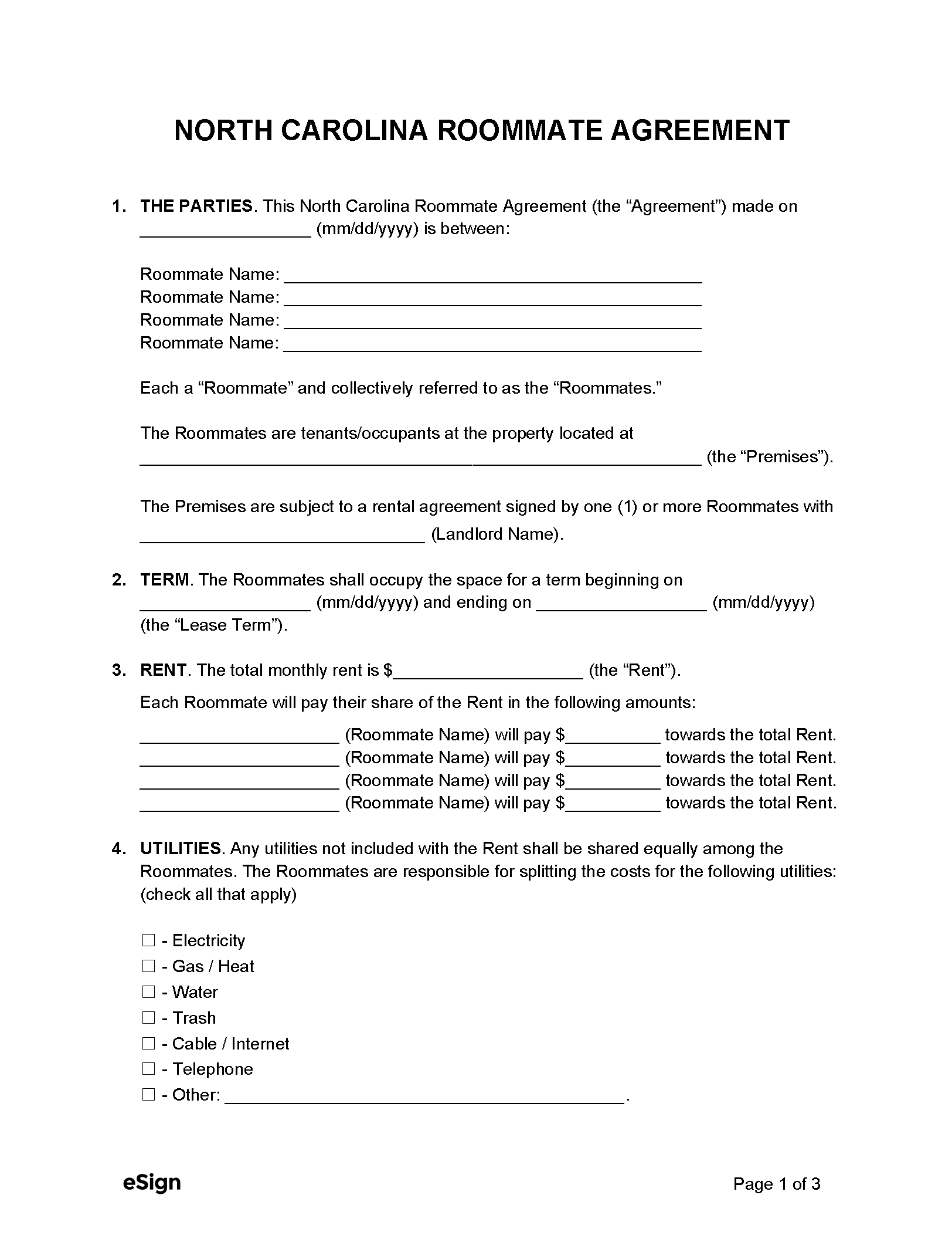 Free North Carolina Roommate Agreement PDF Word