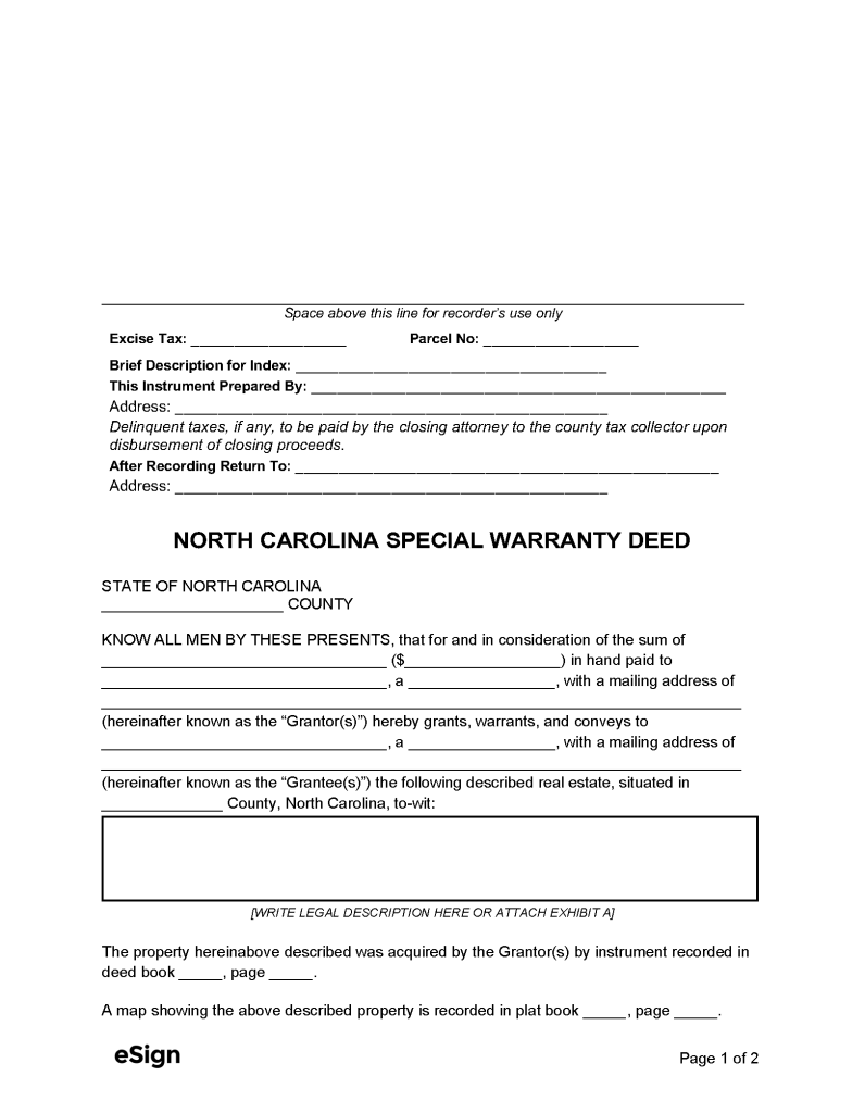 Free North Carolina Special Warranty Deed Form | PDF | Word