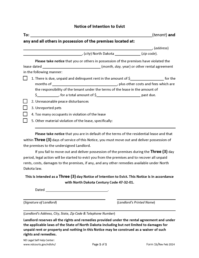 Free North Dakota 3-Day Notice to Quit | Non-Compliance | PDF
