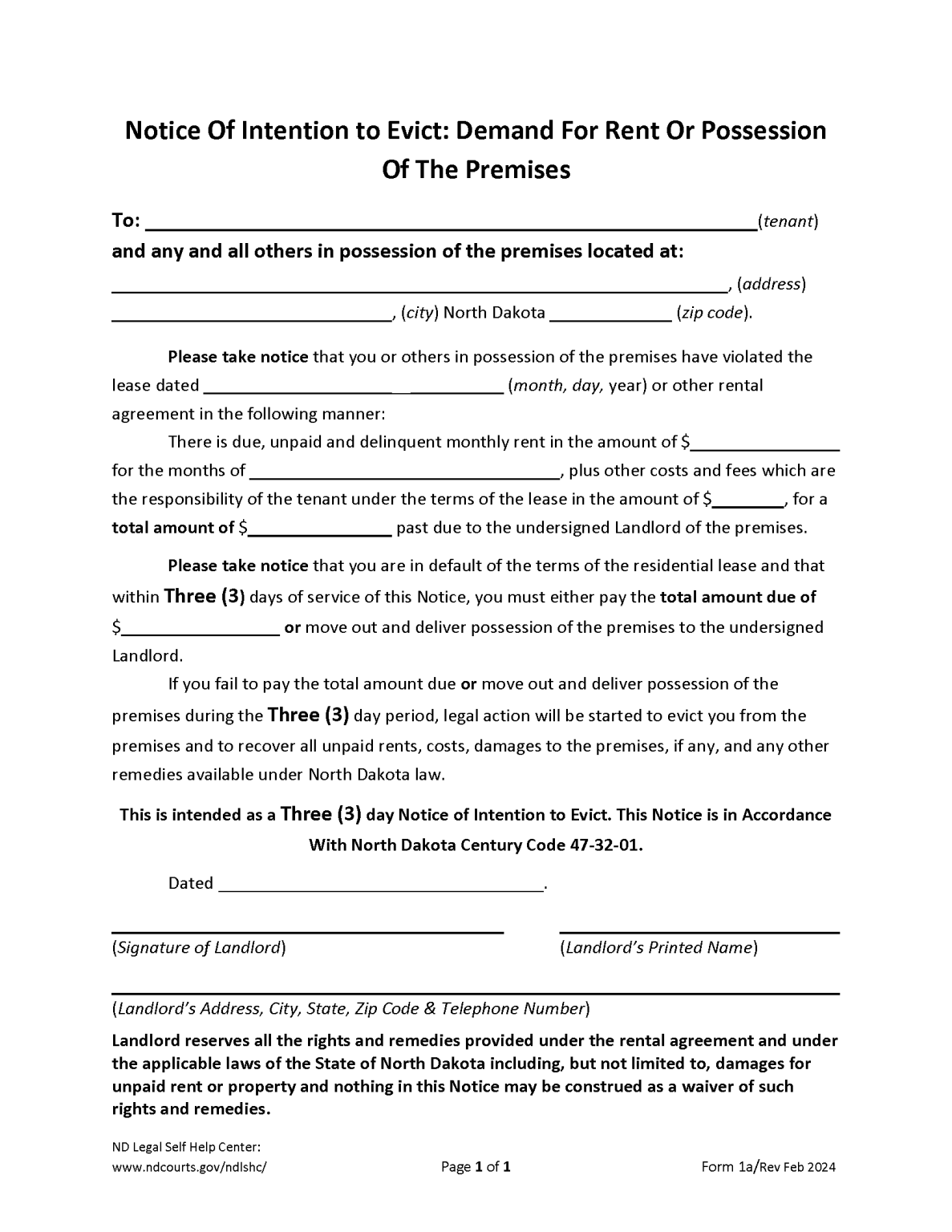 Free North Dakota 3-Day Notice to Quit | Non-Payment | PDF