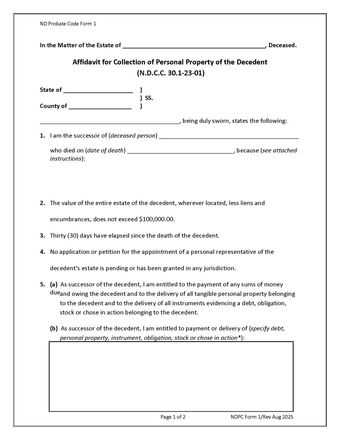 Free North Dakota Small Estate Affidavit Form | PDF