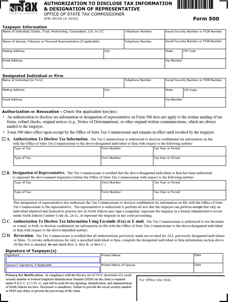 Free North Dakota Tax Power of Attorney (Form 500) | PDF