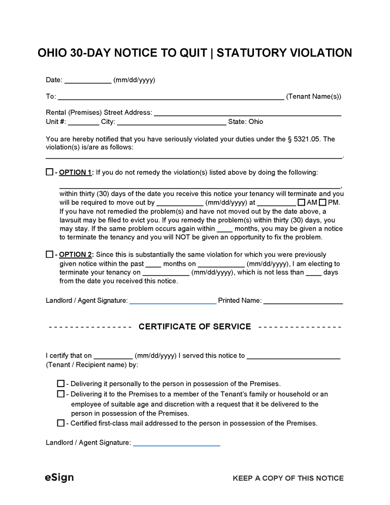 Free Ohio 30-Day Notice to Quit | Statutory Violation | PDF | Word