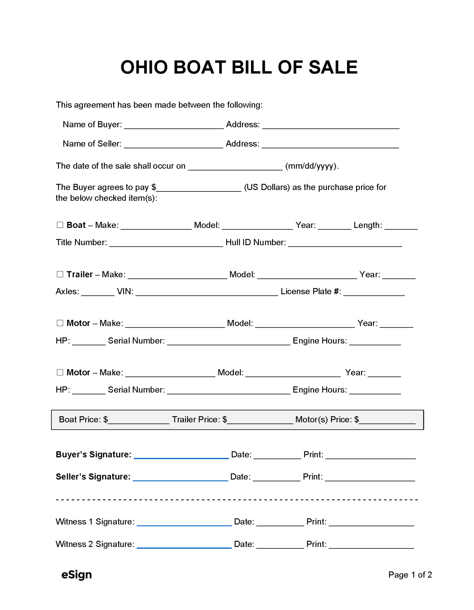 Free Ohio Boat Bill of Sale Form | PDF | Word