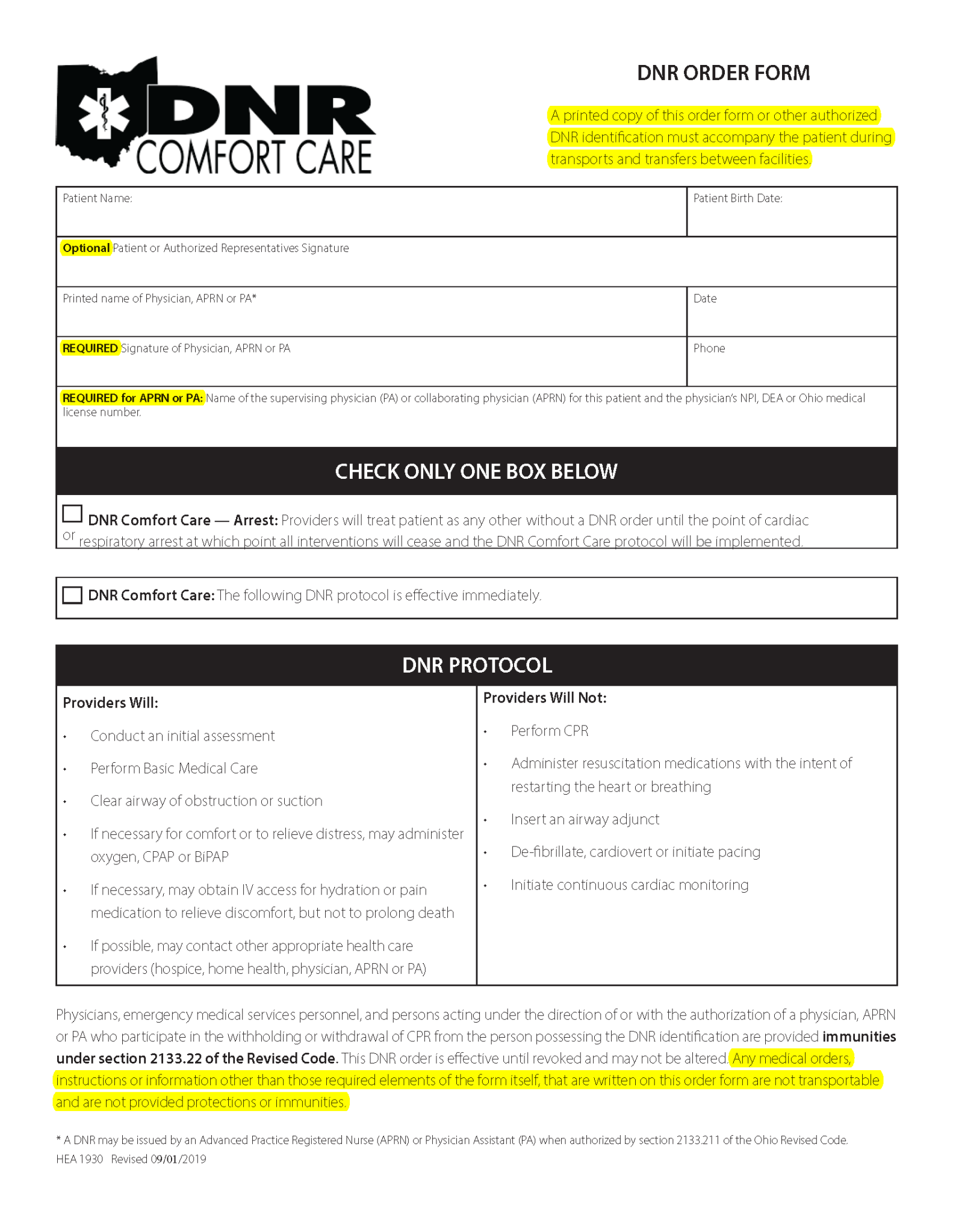 Free Ohio Do Not Resuscitate (DNR) Form | PDF
