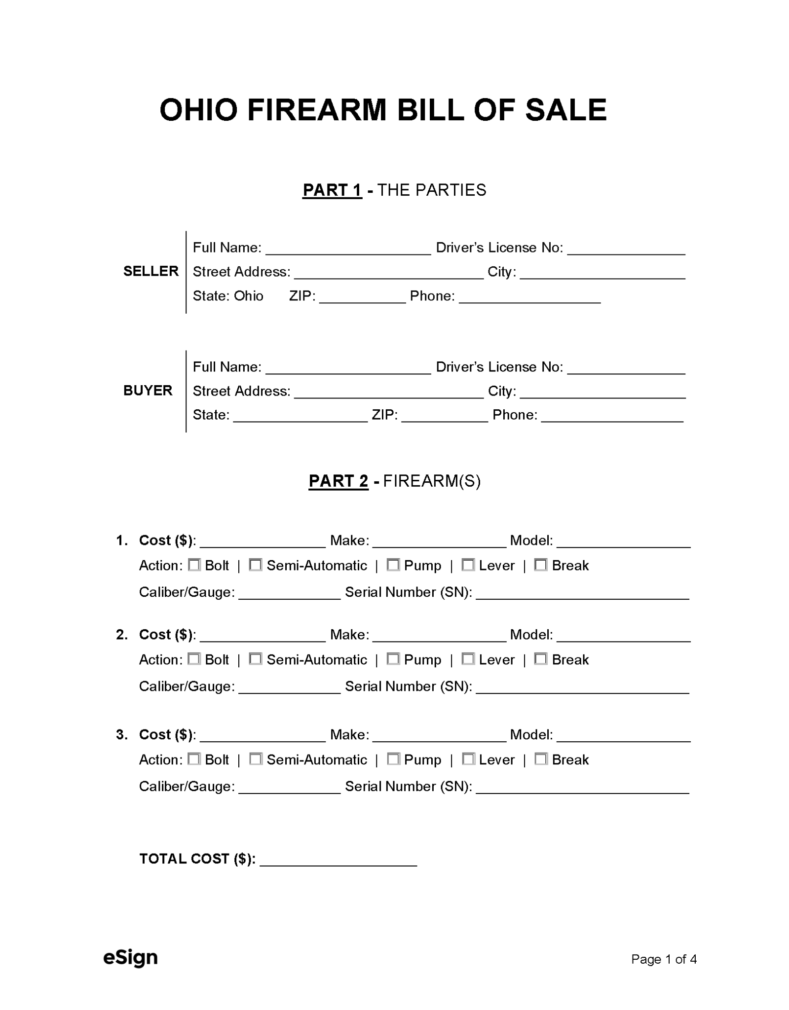 Free Ohio Firearm Bill of Sale Form | PDF | Word