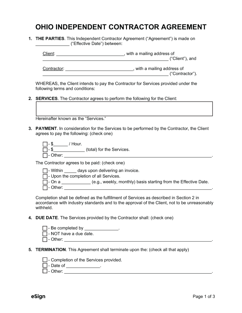 Free Ohio Independent Contractor Agreement | PDF | Word