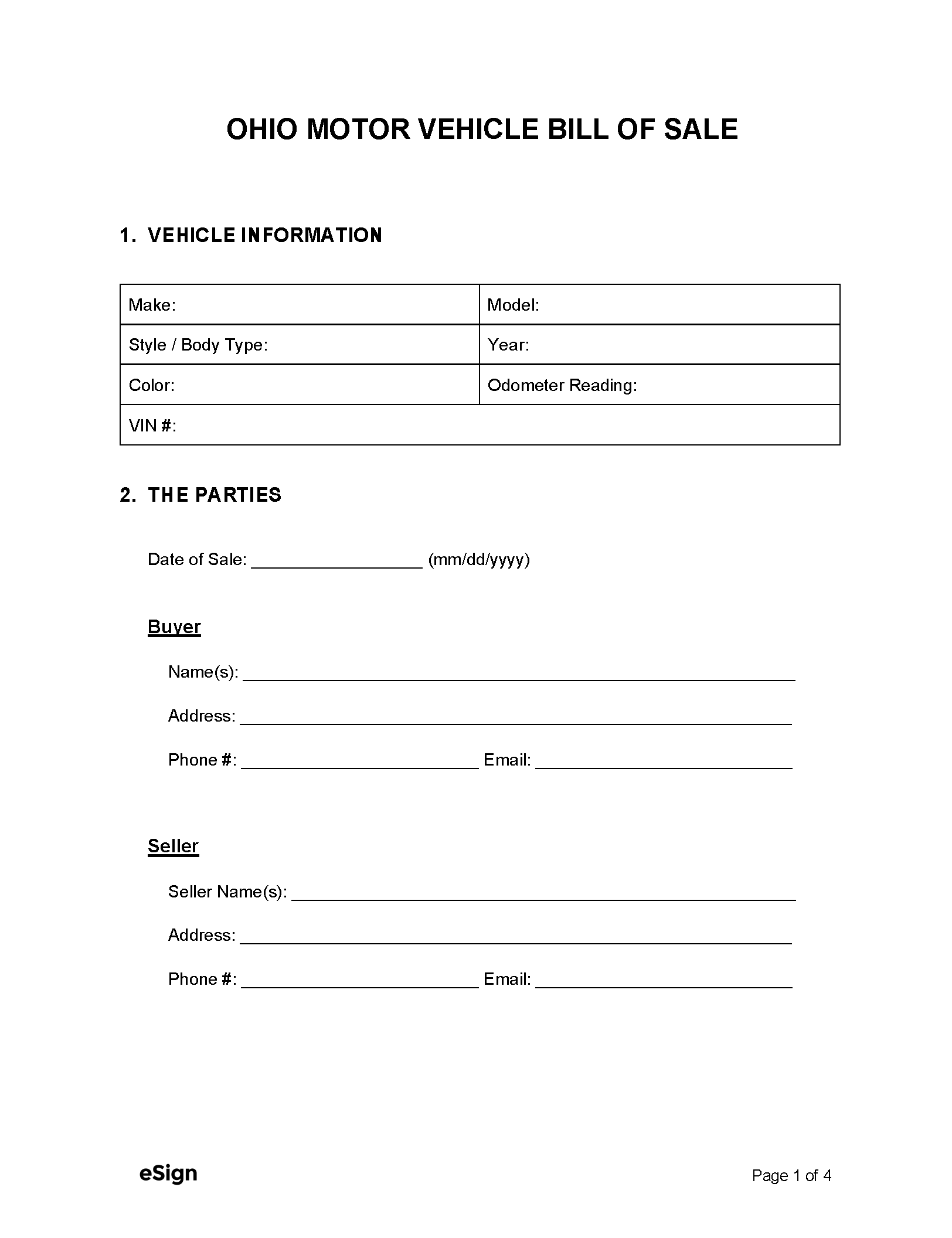 Free Ohio Motor Vehicle Bill Of Sale Form PDF Word
