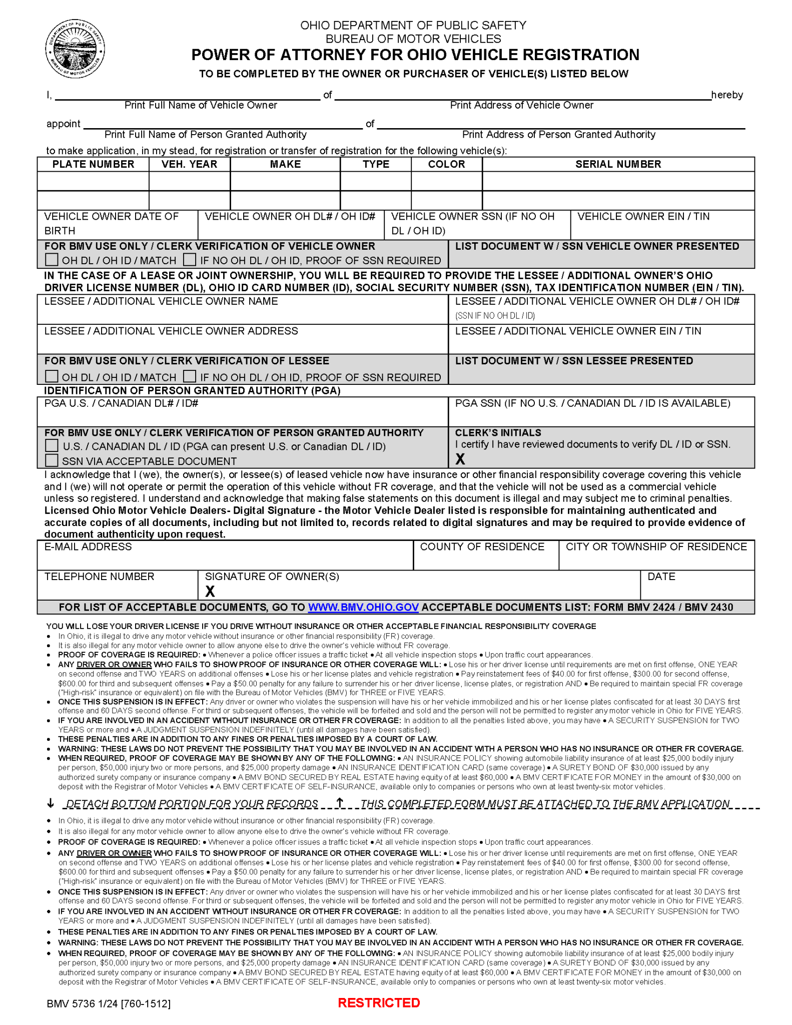 Free Ohio Motor Vehicle Power of Attorney (Form BMV 3771) | PDF