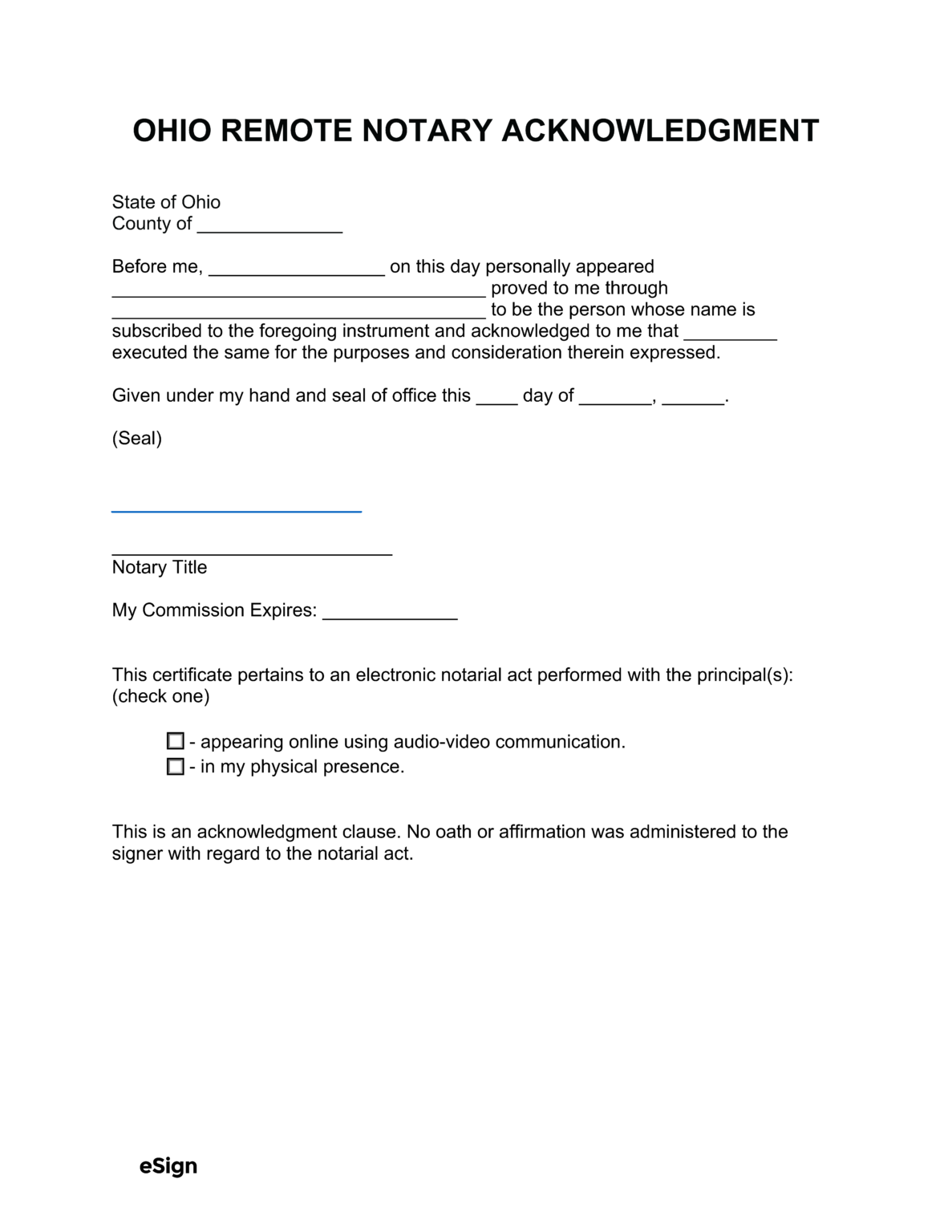 Free Ohio Notary Acknowledgment Form | PDF | Word