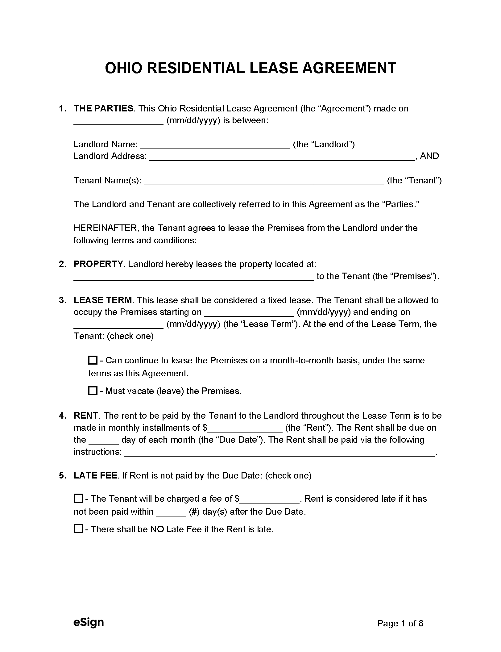 Free Ohio Rental Lease Agreement Templates 6 PDF Word
