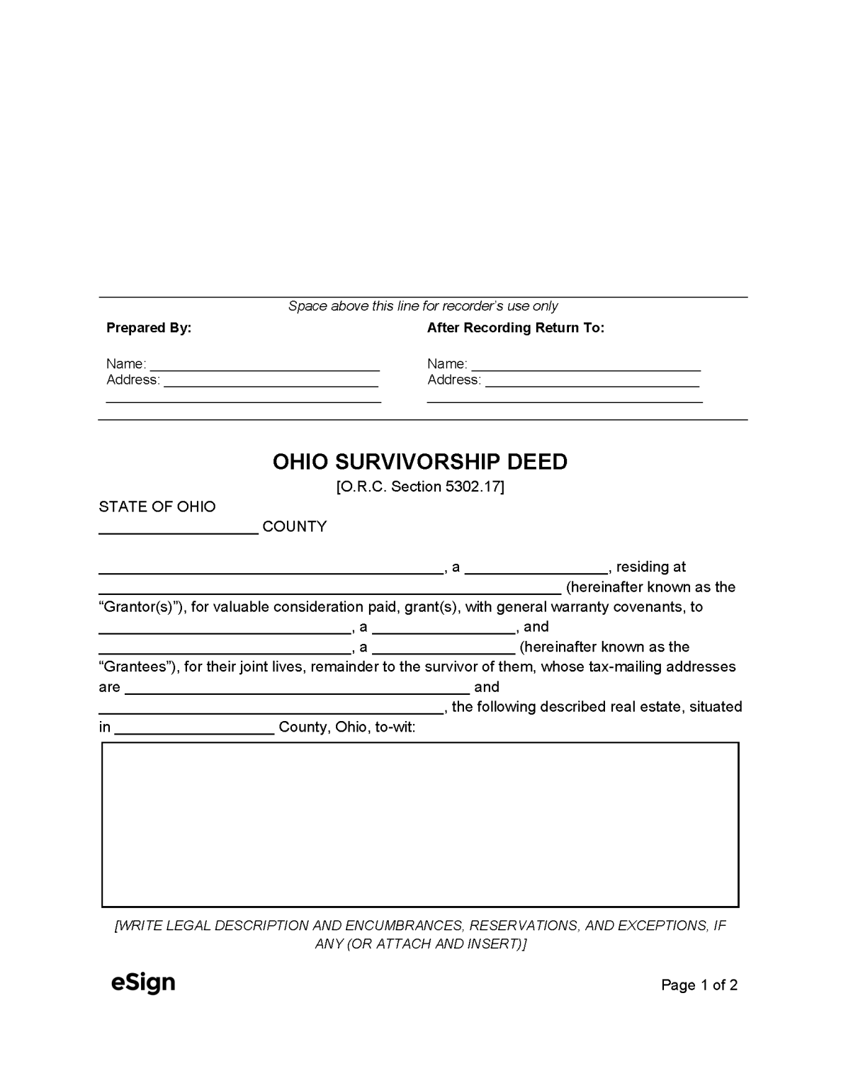 Free Ohio Survivorship Deed Form | PDF | Word
