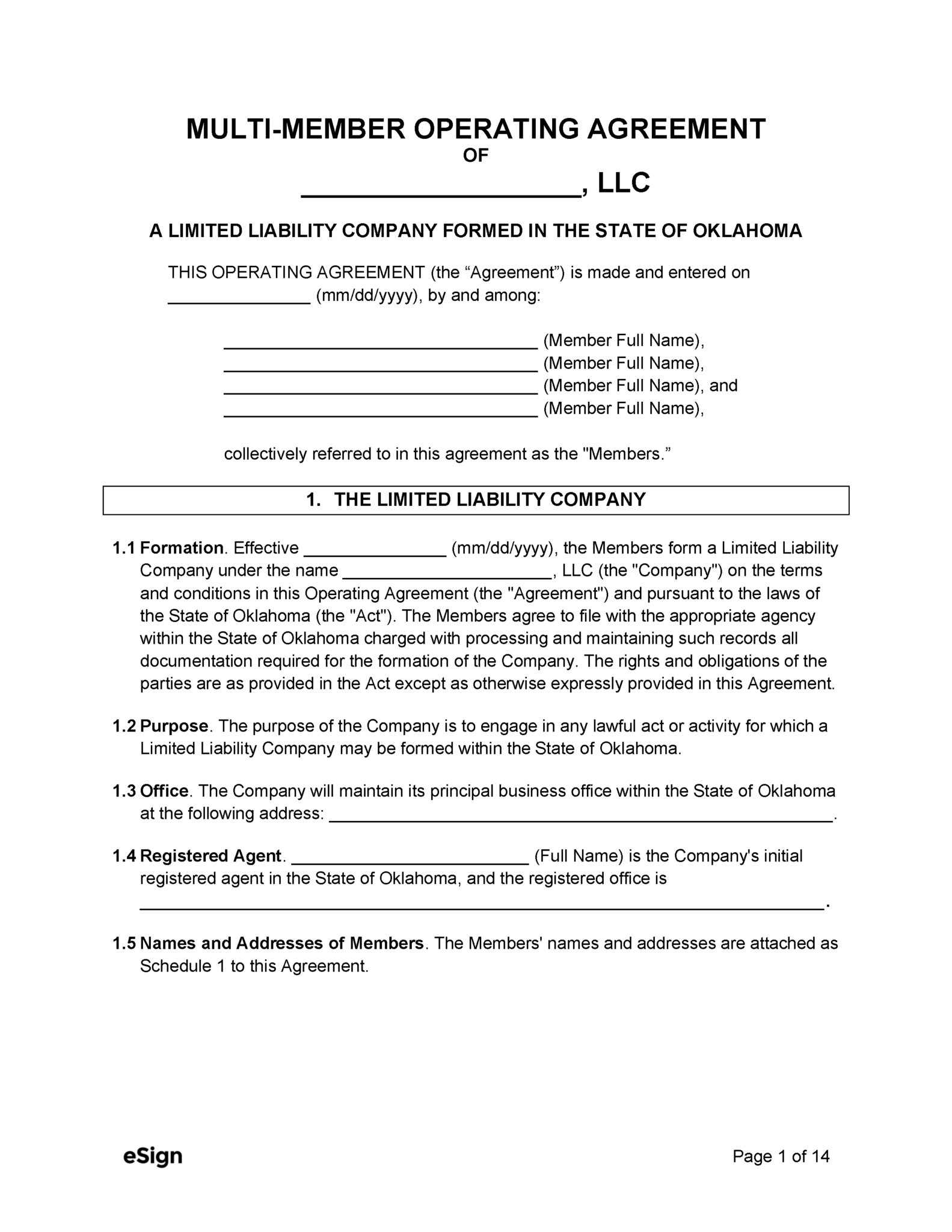 Free Oklahoma LLC Operating Agreement Template | PDF | Word