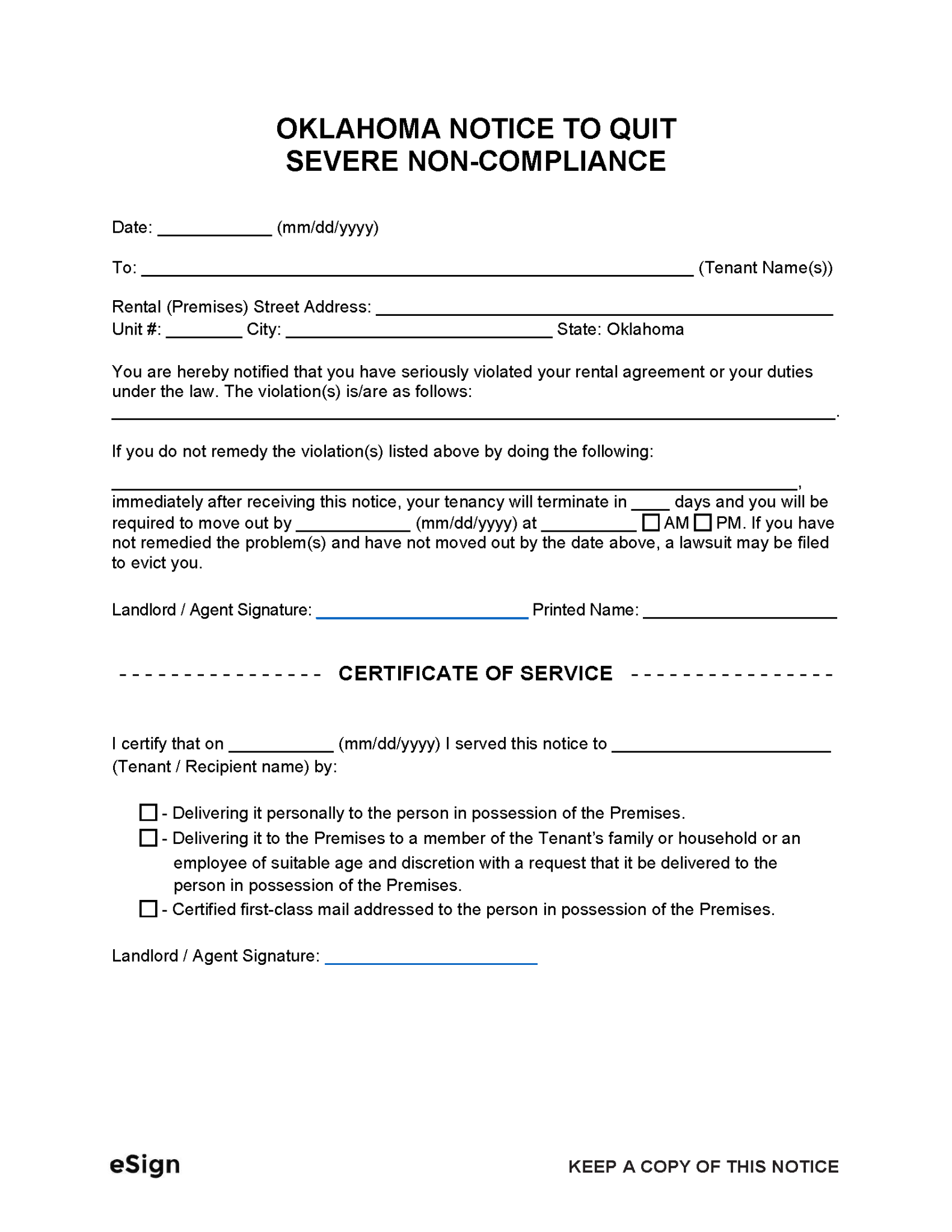 Free Oklahoma Notice to Quit | Severe Non-Compliance | PDF | Word